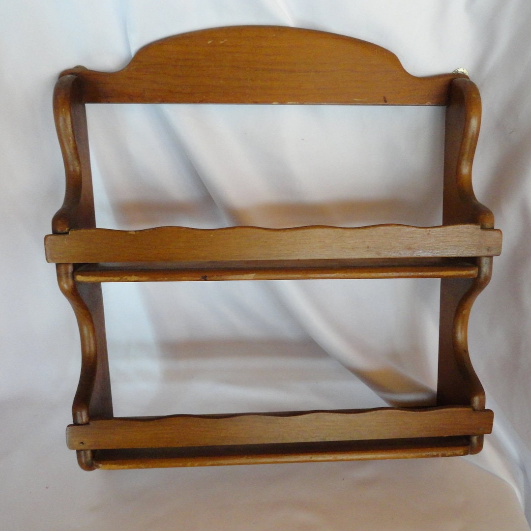 Vintage Small Wooden Spice Rack 2 Tier Wall Hanging Shelf Tall Bottles ...