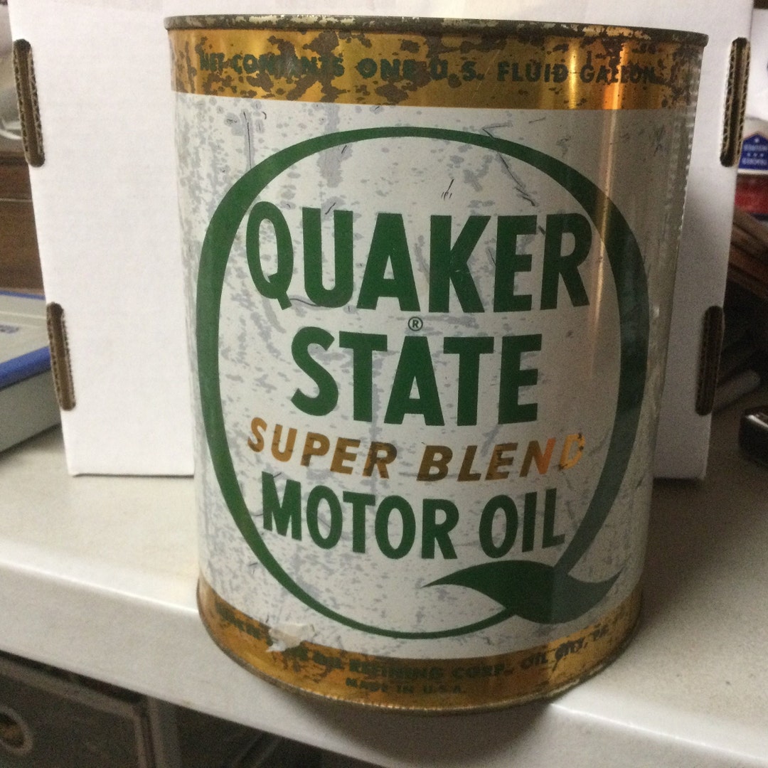 Vintage Quaker State Super Blend Metal Motor Oil Can White Green & Gold ...