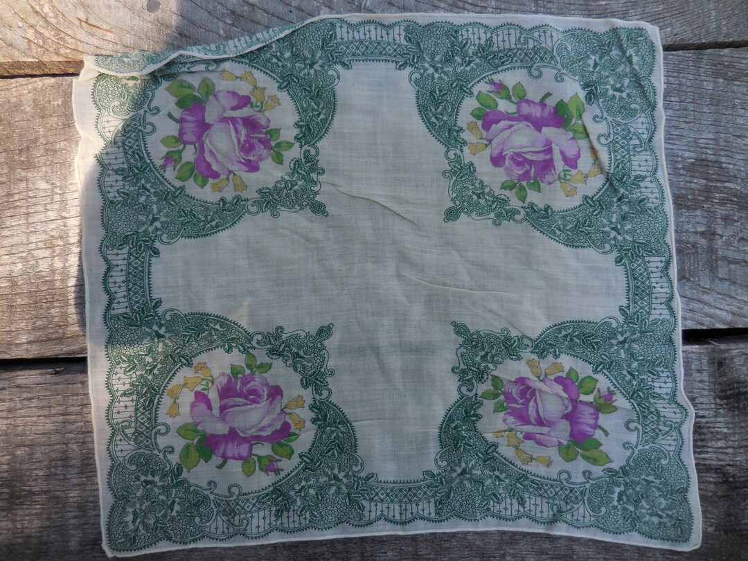 Vintage Handkerchief Green Design Pink Roses & Yellow Flowers Retro ...