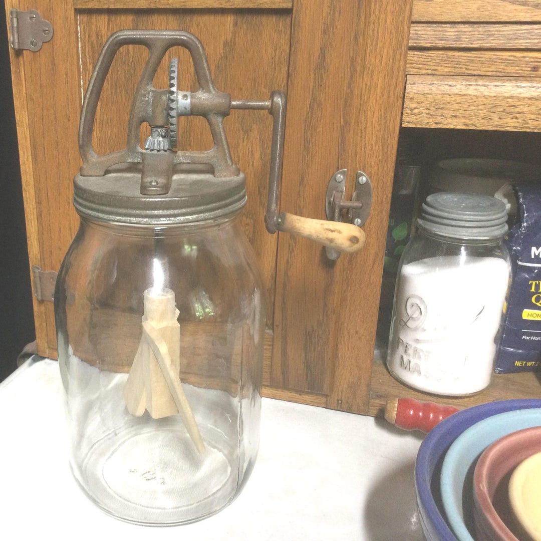 Vintage Glass & Cast Iron Butter Churn Kitchen Decor Round Butter Maker ...