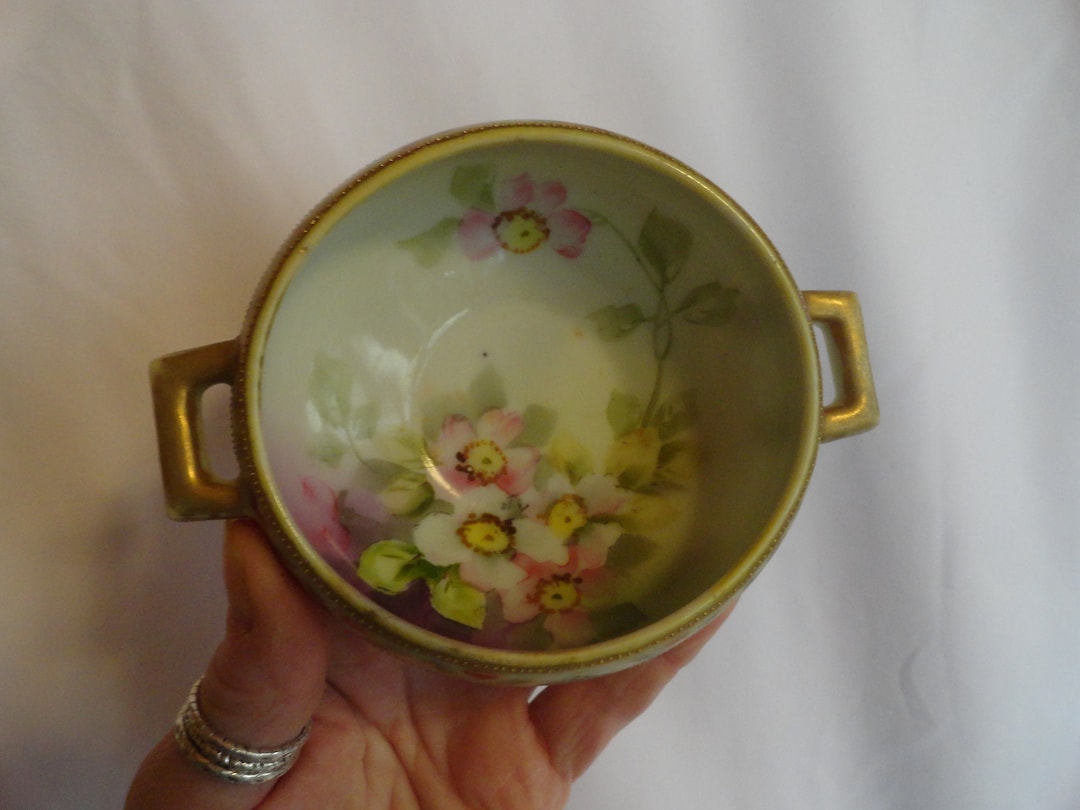 Antique Nippon Small Dish Porcelain Wild Roses Double Handles Pink ...