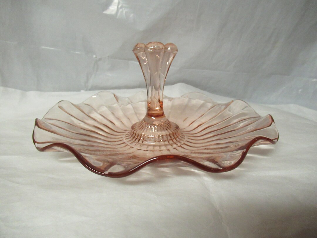 Vintage Pink Depression Glass Tidbit Tray Wavy Small Round Ruffled ...