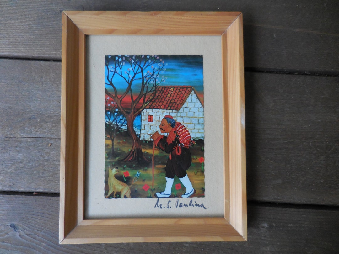 Vintage Artist M. S. Laulima Framed Picture Village Man Walking 1960s ...