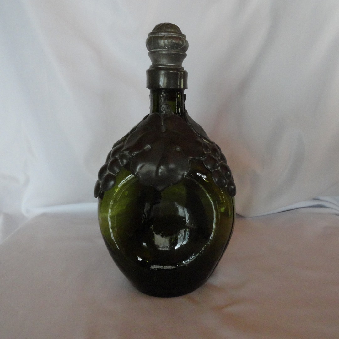 Vintage Denmark Pinched Decanter Bottle With Stopper Olive Green Glass ...