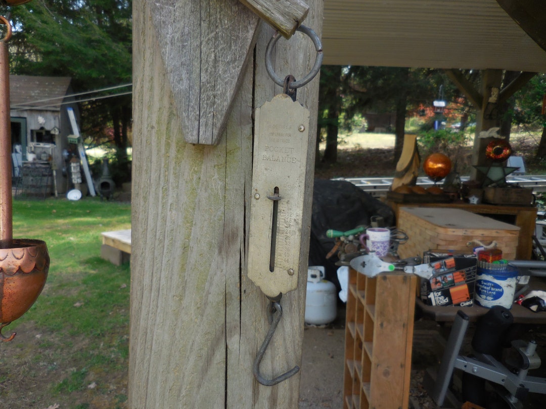Vintage Small Metal Hanging Scale 50lb Pocket Balance Rustic Kitchen ...