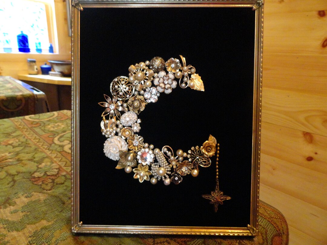 Vintage Jewelry Art Assemblage Moon & Star Wall Hanging or Self Stand ...