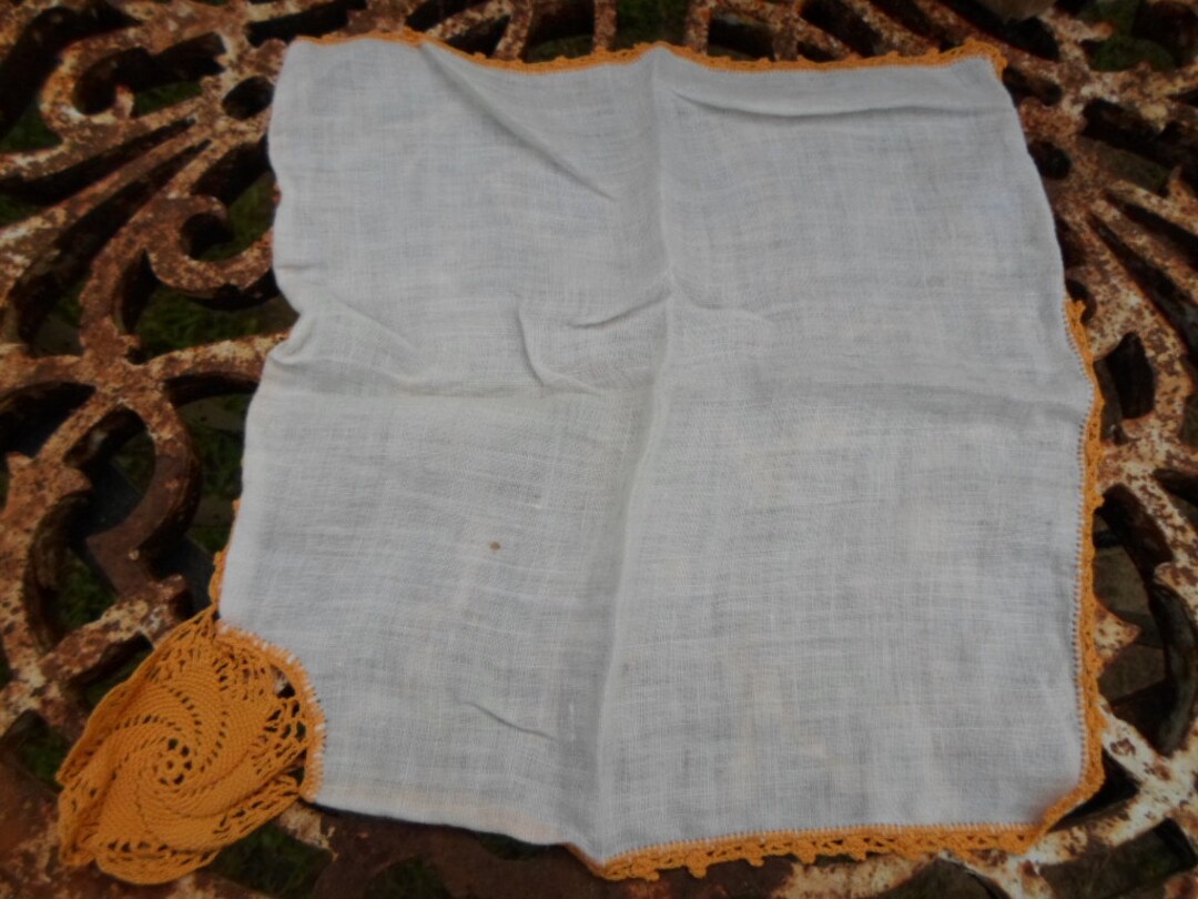 Vintage Handkerchief Crocheted Edge or Doily White Yellow Orange ...