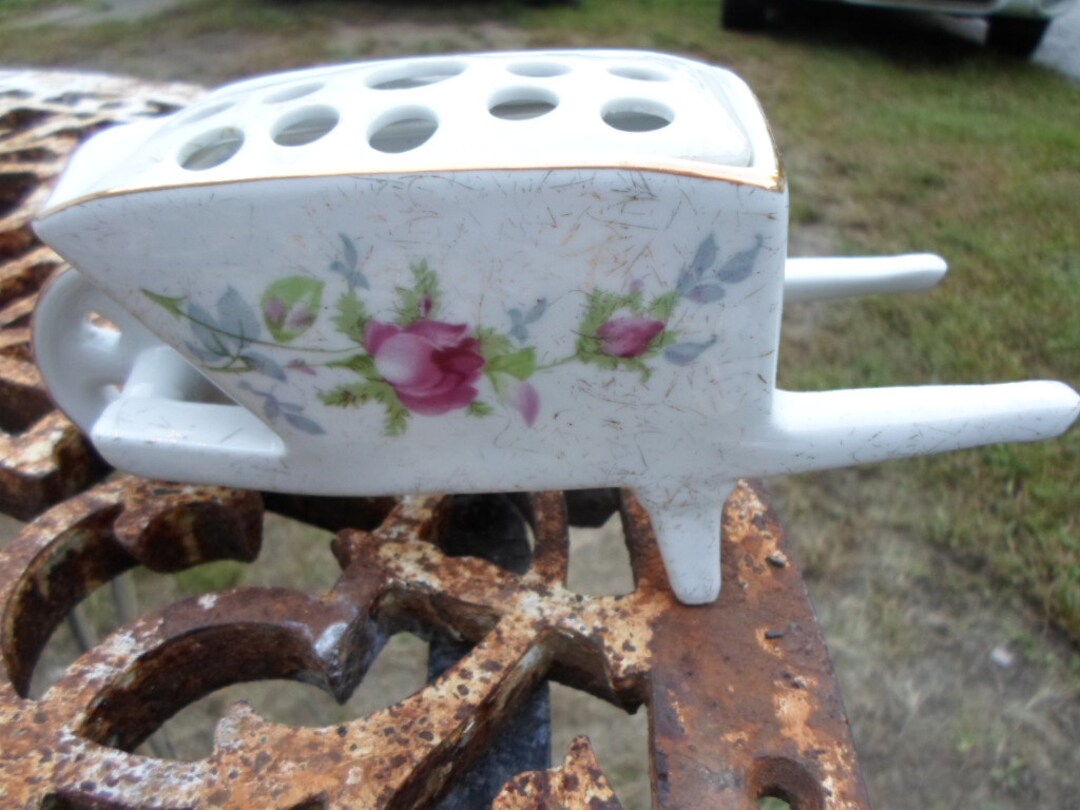 Vintage German Porcelain Wheelbarrow Flower Vase & Frog Gold Accents ...