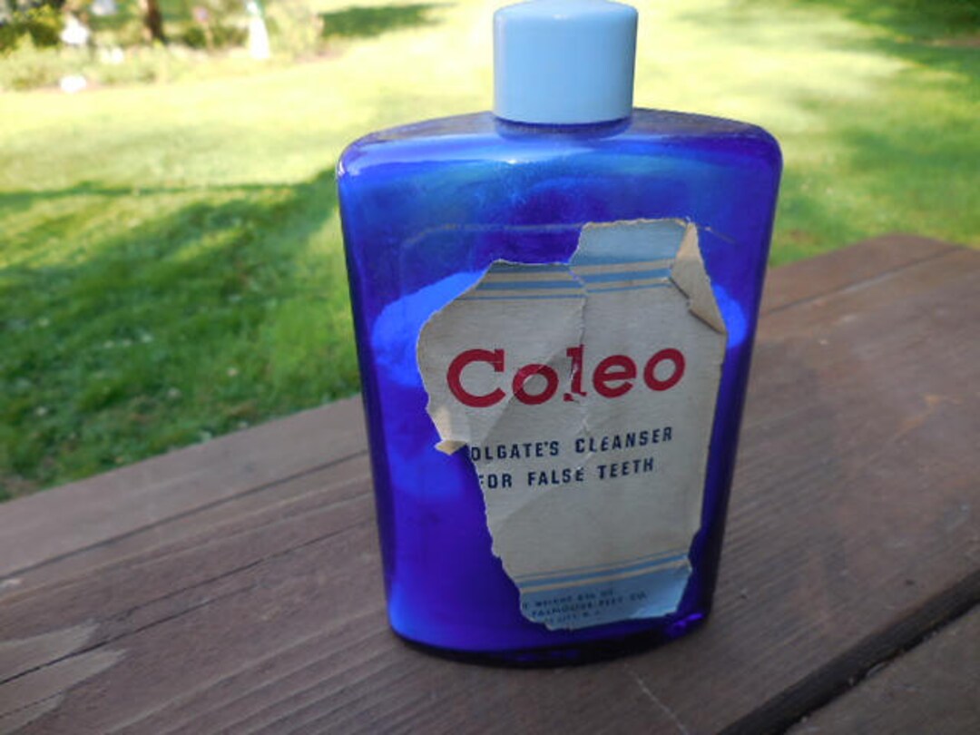Vintage Cobalt Blue Glass Bottle Coleo Colgate's Cleanser False Teeth ...