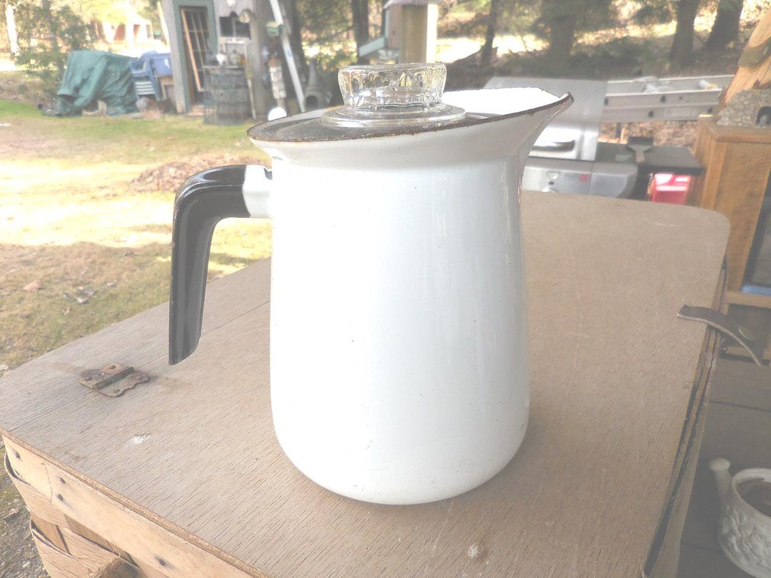 Vintage White Enamel Percolator Coffee Pot Teapot Black Trim Original ...