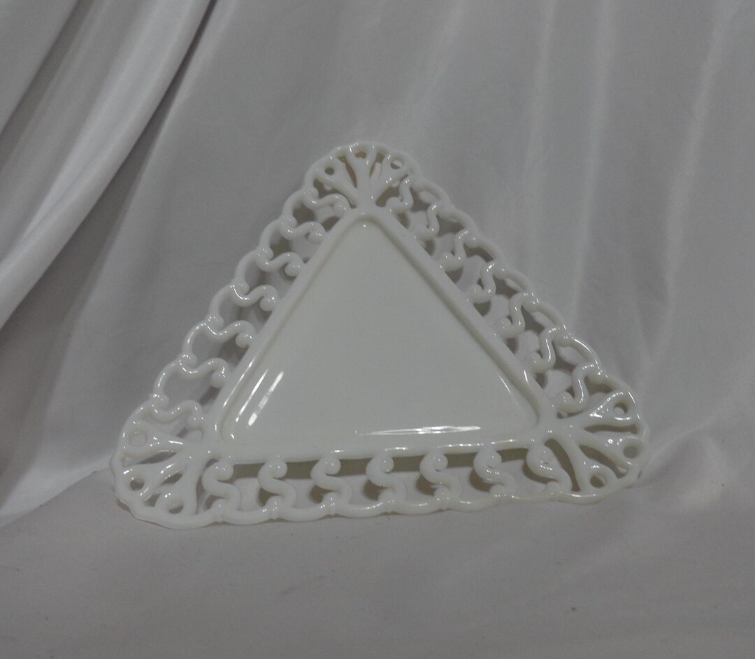 Vintage Milk Glass Plate Triangular Lacey Edge Plate Wall Hanging ...