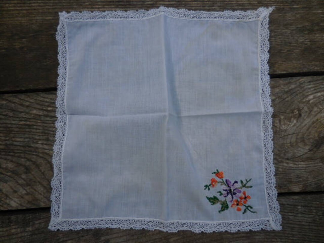 Vintage Embroidered Handkerchief Purple & Orange Flowers Green Leaves ...