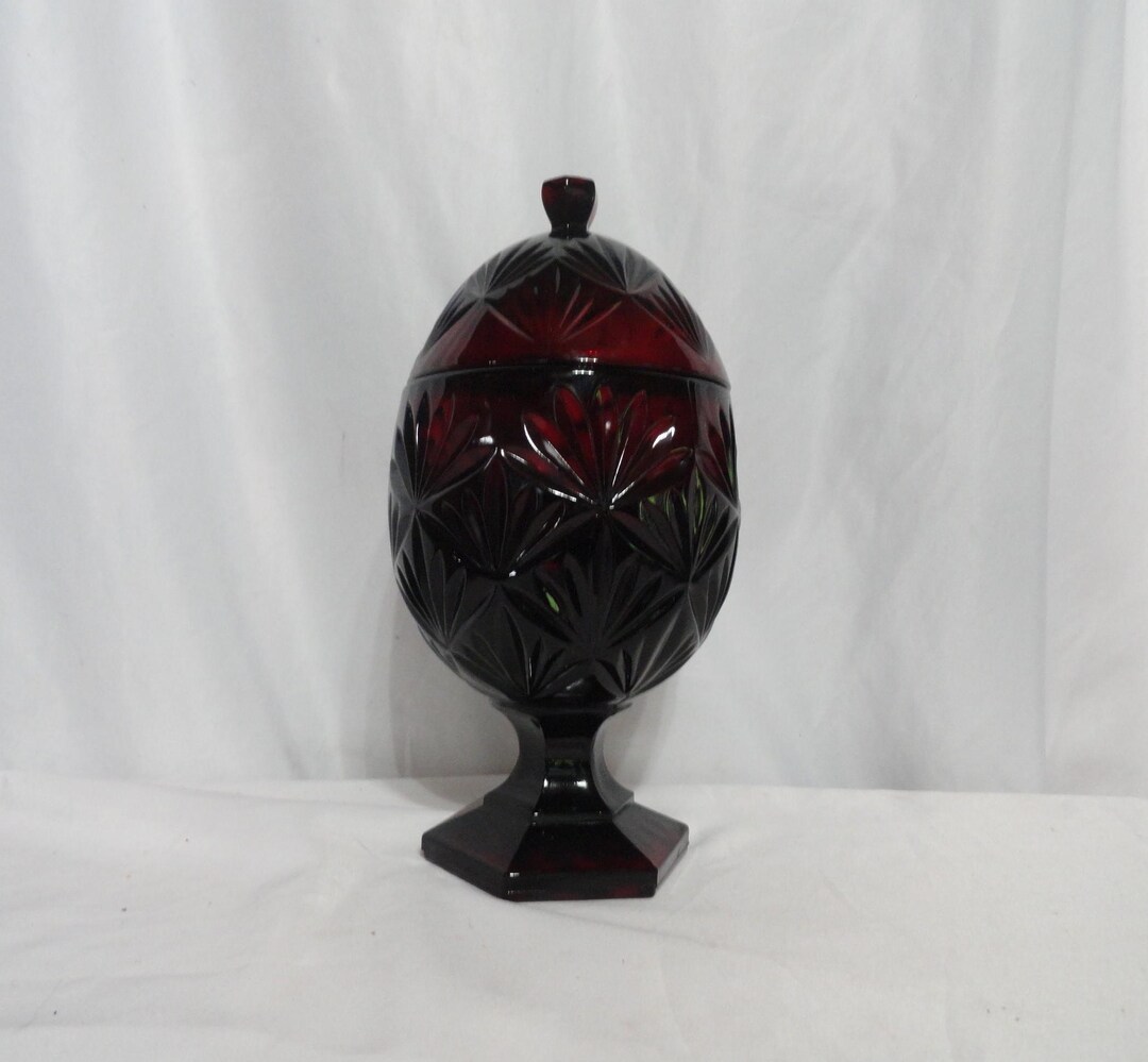Vintage Deep Red Pedestal Covered Dish Egg Shaped Luminarc Made in ...