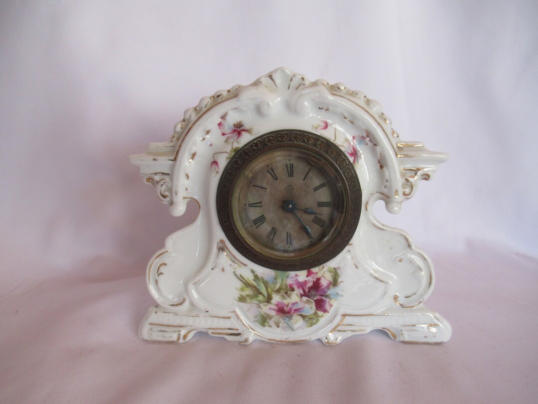 Antique Ansonia Small Porcelain Clock Blue & Purple Flowers Roman ...
