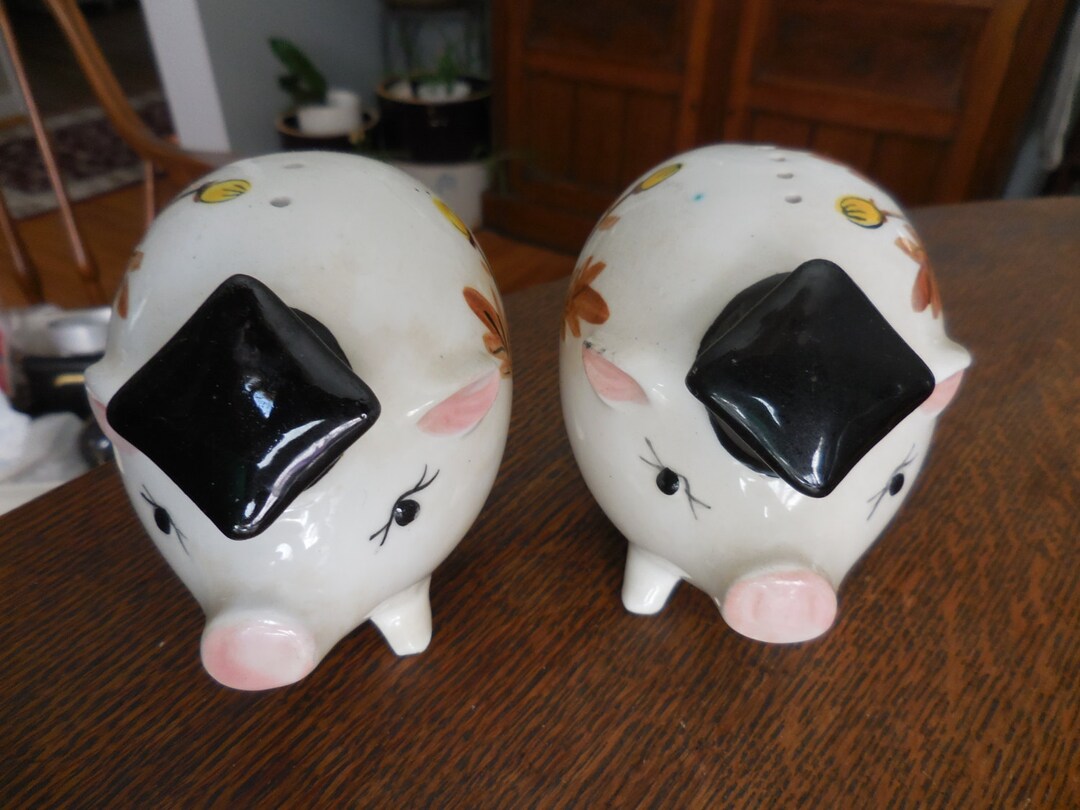 Vintage Pig Salt & Pepper Shakers Graduation Black Hats Japan Blue Rust ...
