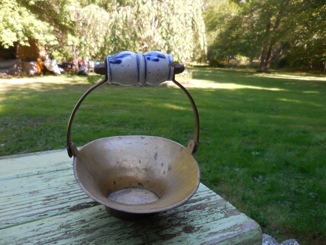 Vintage Brass Basket Blue & White Ceramic Handle Small Metal Oval Candy ...