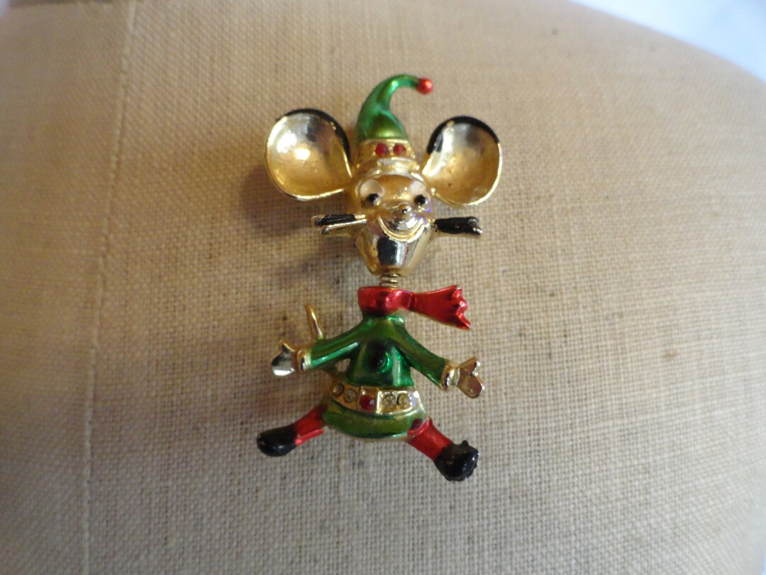 Vintage Christmas Mouse Pin Springy Head Red Green Gold Tone Enamel ...