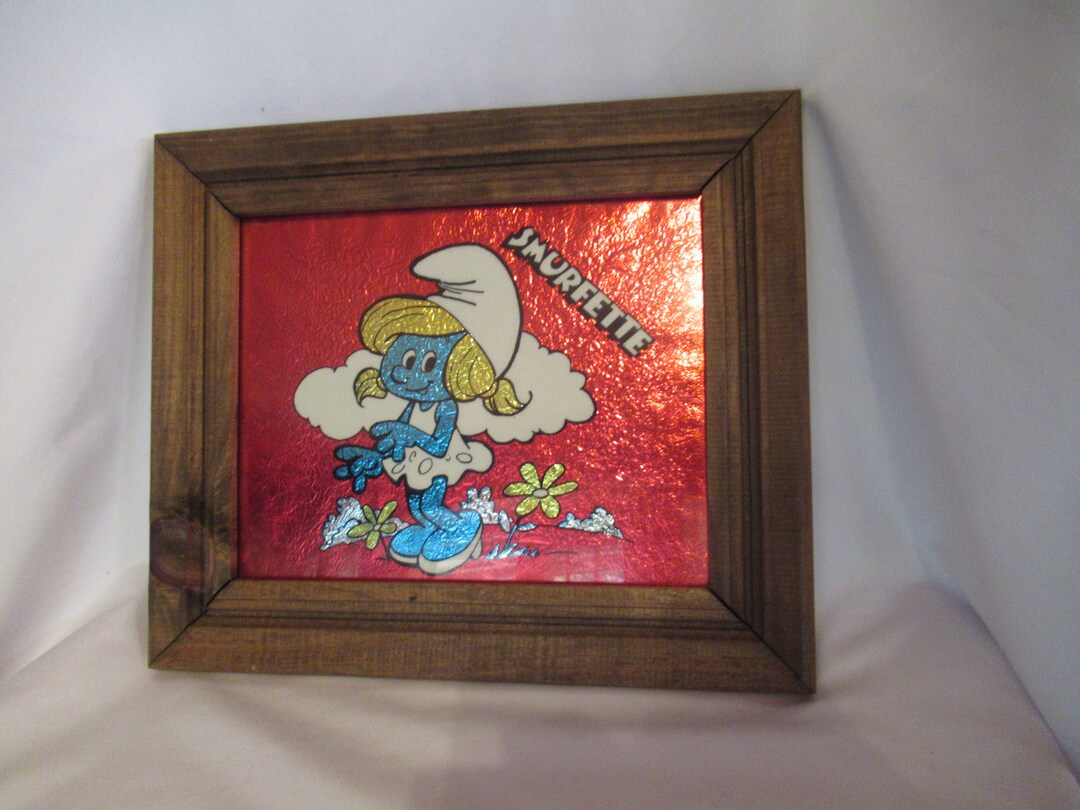 Vintage Smurfette Framed Wall Hanging Red White Blue & Chartreuse Girl ...