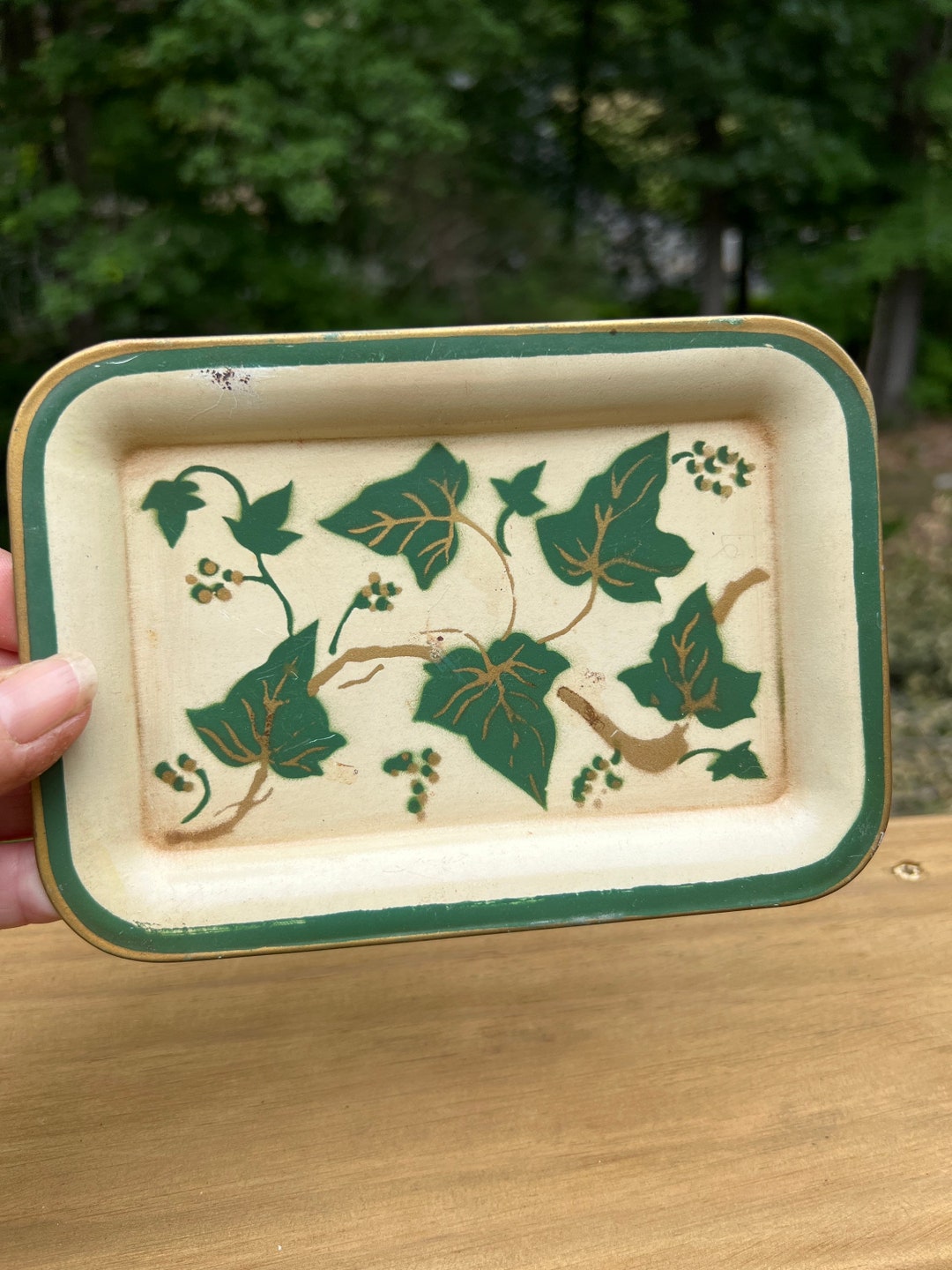 Vintage Beige & Green Ivy Snack Tray Social Supper Gold Trimmed Mini ...