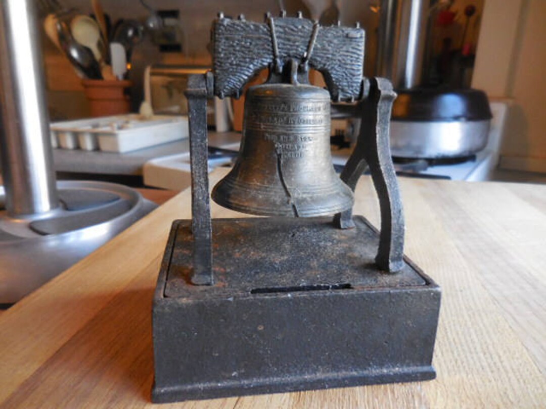 Vintage Black Cast Iron Liberty Bell Piggy Bank Square Screw Bottom ...