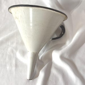 Vintage White Enamel Funnel Black Trim Handle Metal Kitchen Collectible ...