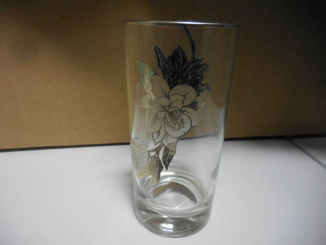 Vintage Clear Glass Tumbler Drinking Glass Silver Flowers Single Orphan ...