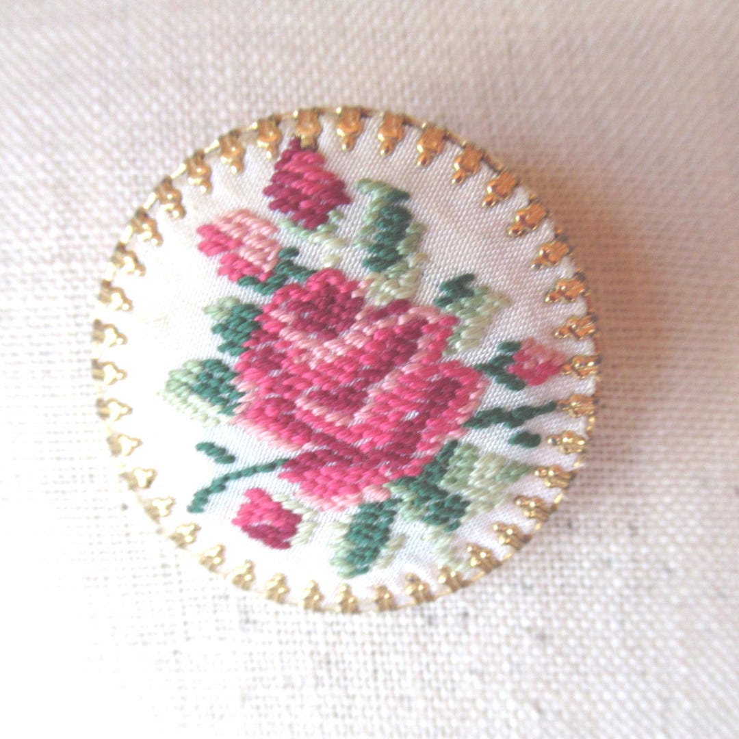 Vintage Petit Point Rose Brooch, Gold Tone, Pink & Red Pin, Round ...