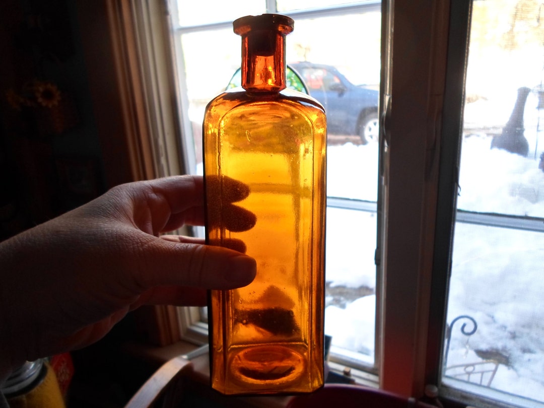 Antique Brown Glass Square Bottle Cork Top Bottle Collectible Farmhouse ...