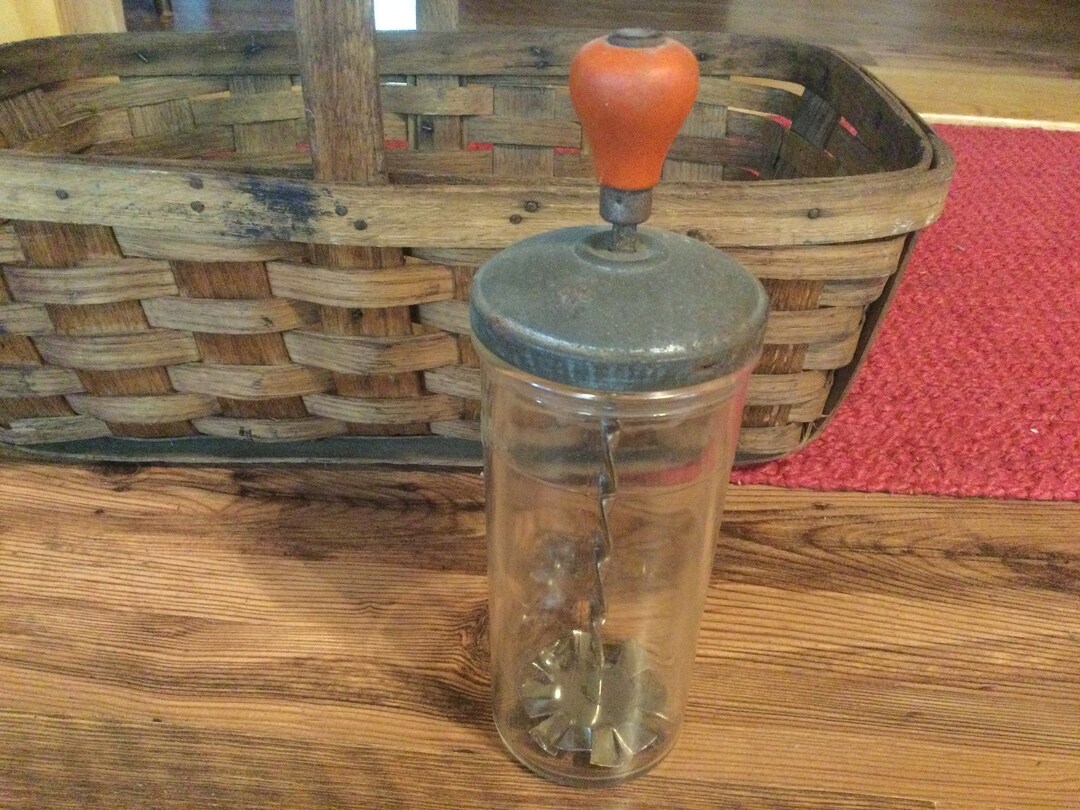 Vintage Hazel Atlas Glass Red Wood Handle Drink Mixer 12oz. Eggs Silver ...