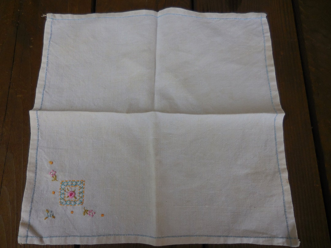 Vintage Single Linen Napkin Embroidered Pink Blue & Yellow Rose ...