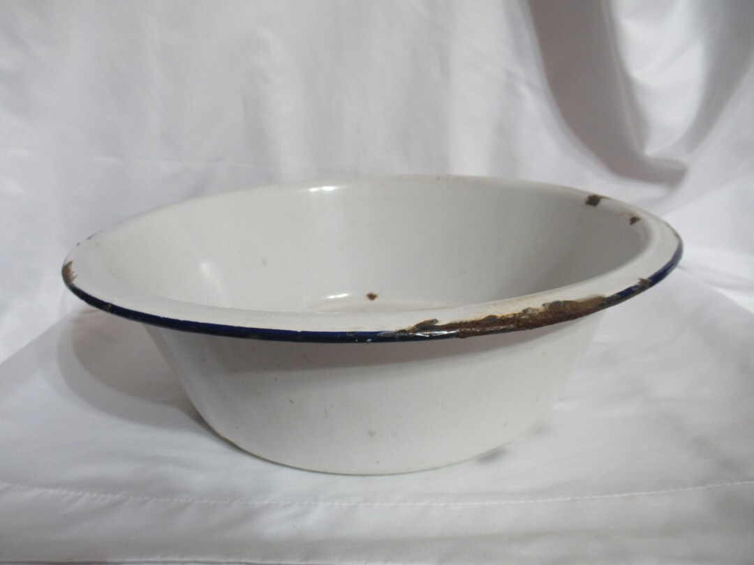 Vintage White Enamel Basin or Bowl Blue Trim Not Perfect Country Retro ...
