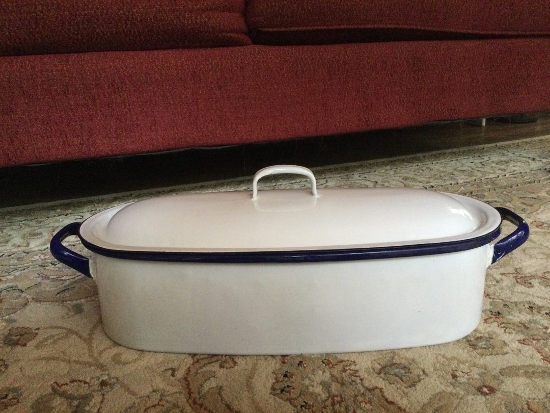 Vintage White & Blue Enamel Fish Poacher Steamer Pan Oblong 1930s to ...