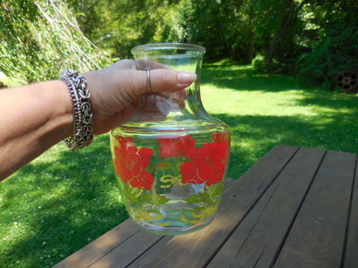 Vintage 1950s to 1960s Clear Glass Beverage Carafe Red Rose - Etsy
