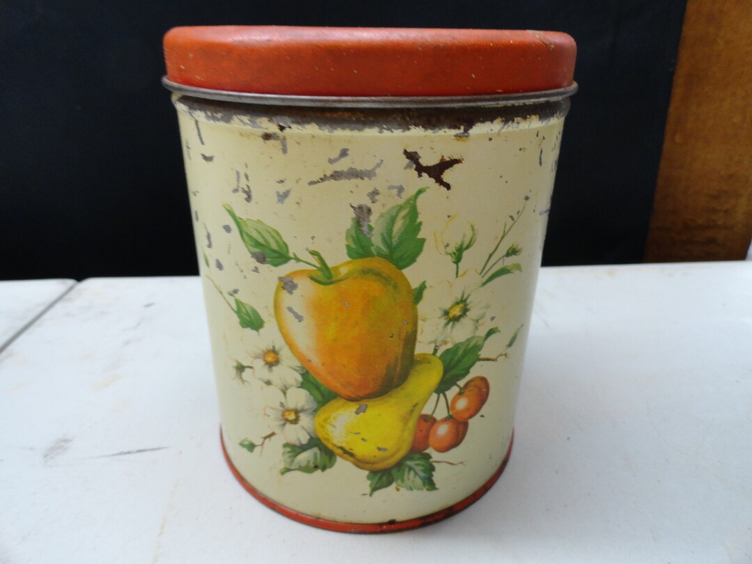 Vintage Small Decoware Red & Cream Canister Tin Apple Pears Cherries ...