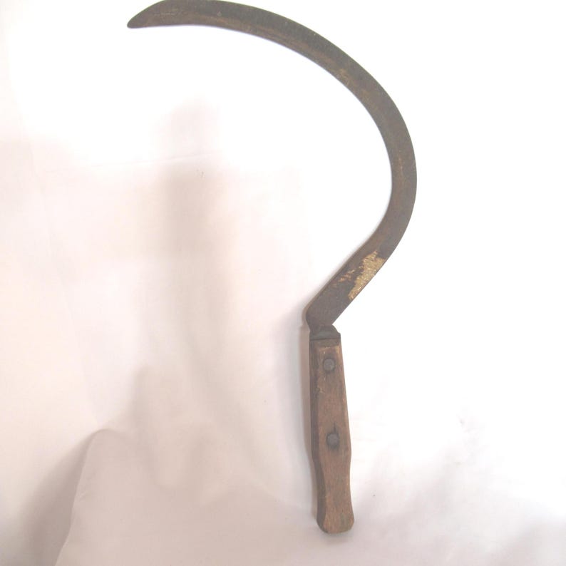 Antique Sickle Hook Rusty Metal Wooden Handle Farm Tool Bagging Hook ...
