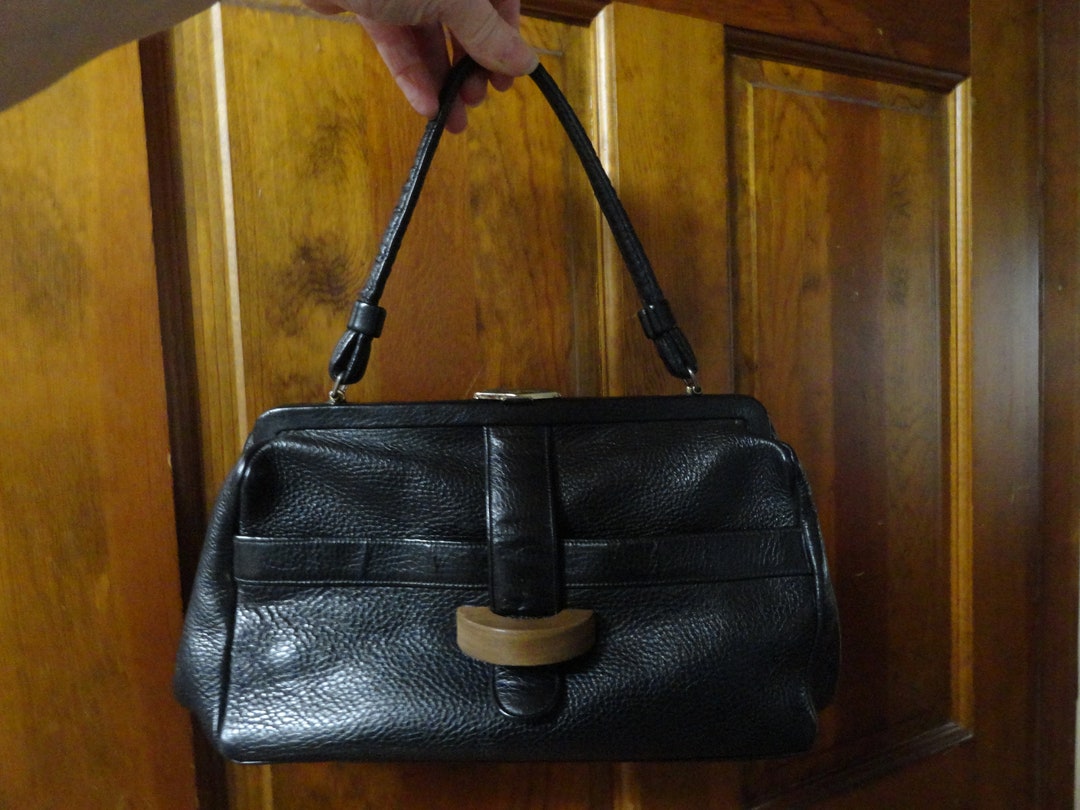 Vintage Merit Black & Wood Leather Purse Accent Leather Handbag Bag New ...