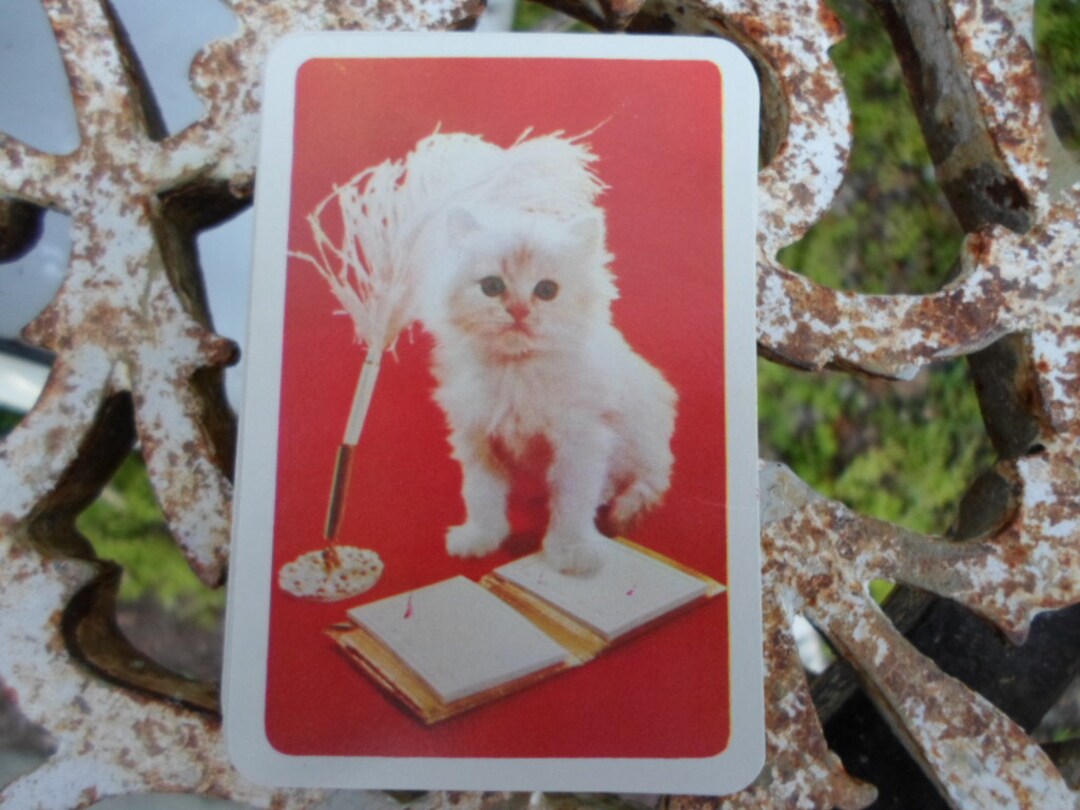 Vintage 1970s Playing Cards White Kitty Cat Kitten Feather Pen - Etsy