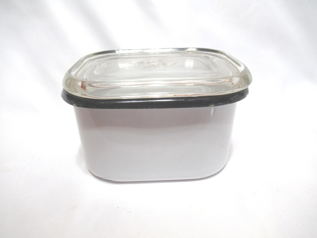 Vintage Beco Ware White Enamel Refrigerator Dish Black Trim Glass Lid ...