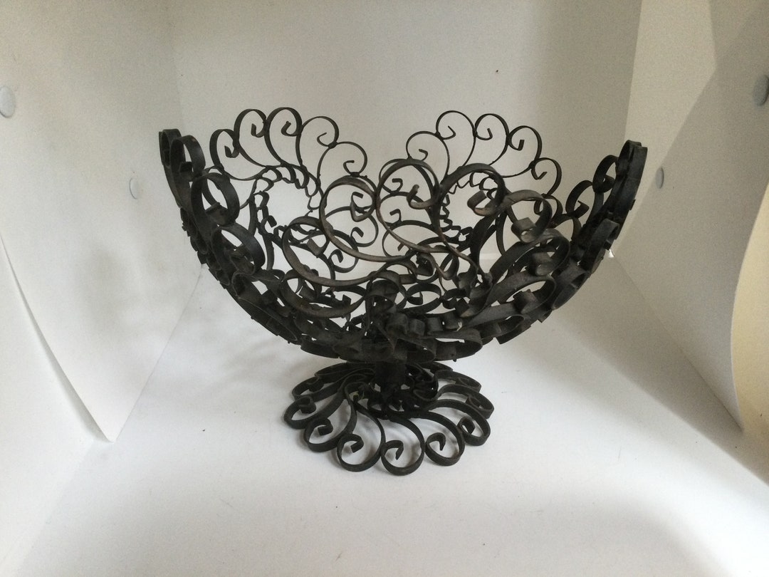 Vintage Black Metal Scroll Design Pedestal Bowl Spanish American or ...