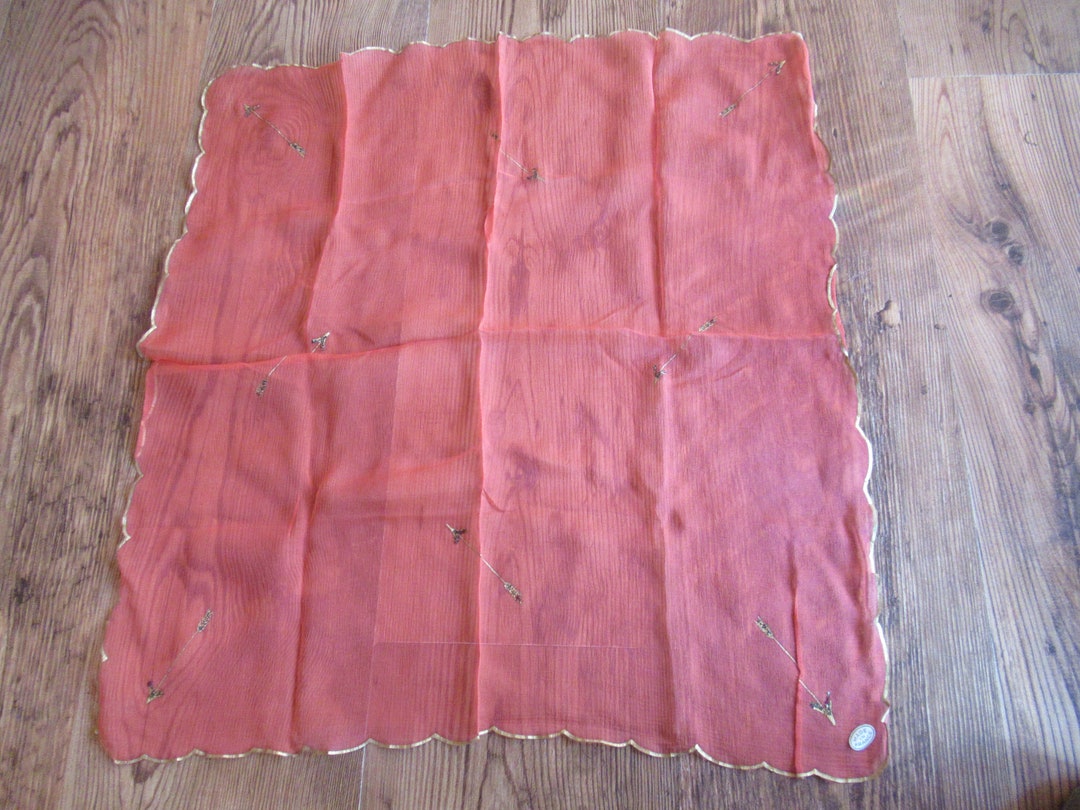 Vintage Red French Sheer Handkerchief With Gold Metallic Painted Arrows ...