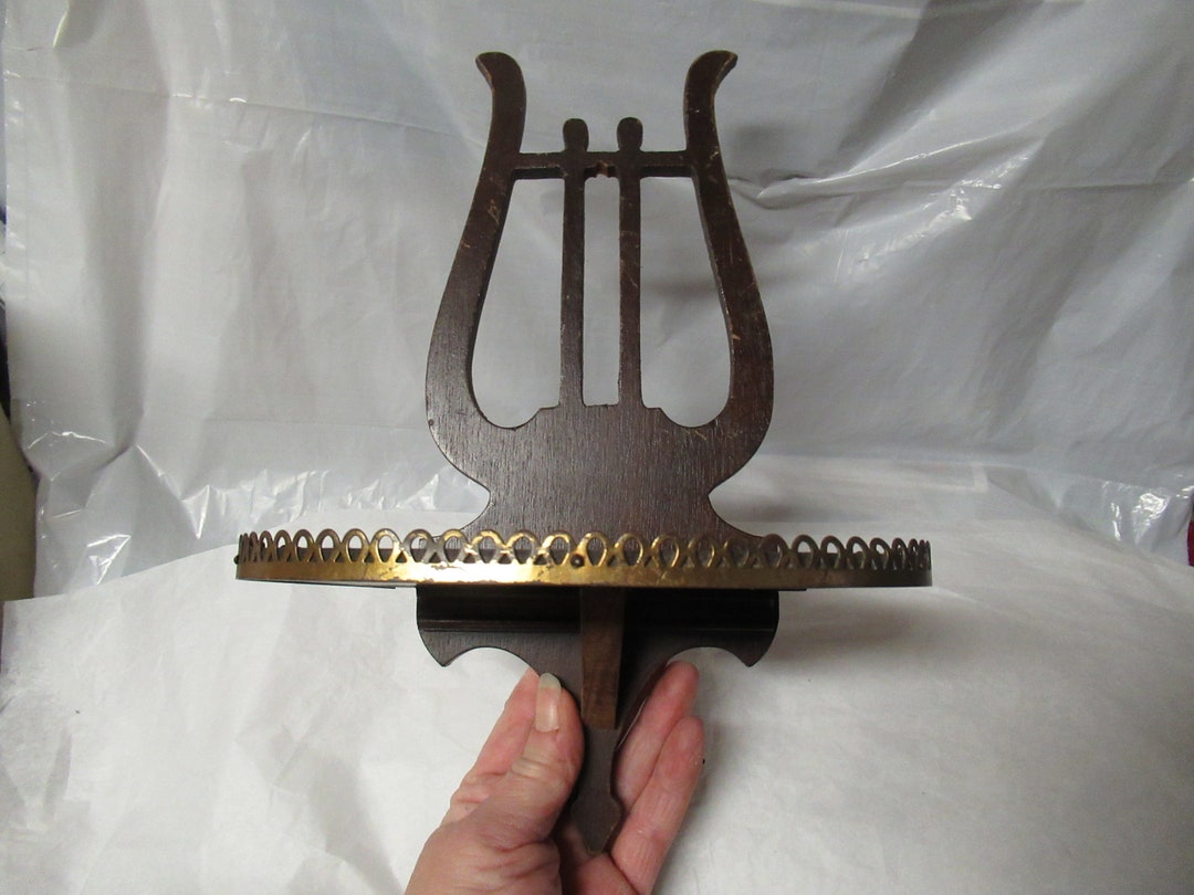 Vintage Harp Shape Small Shelf Dark Stained Wood Gold Metal Musical ...