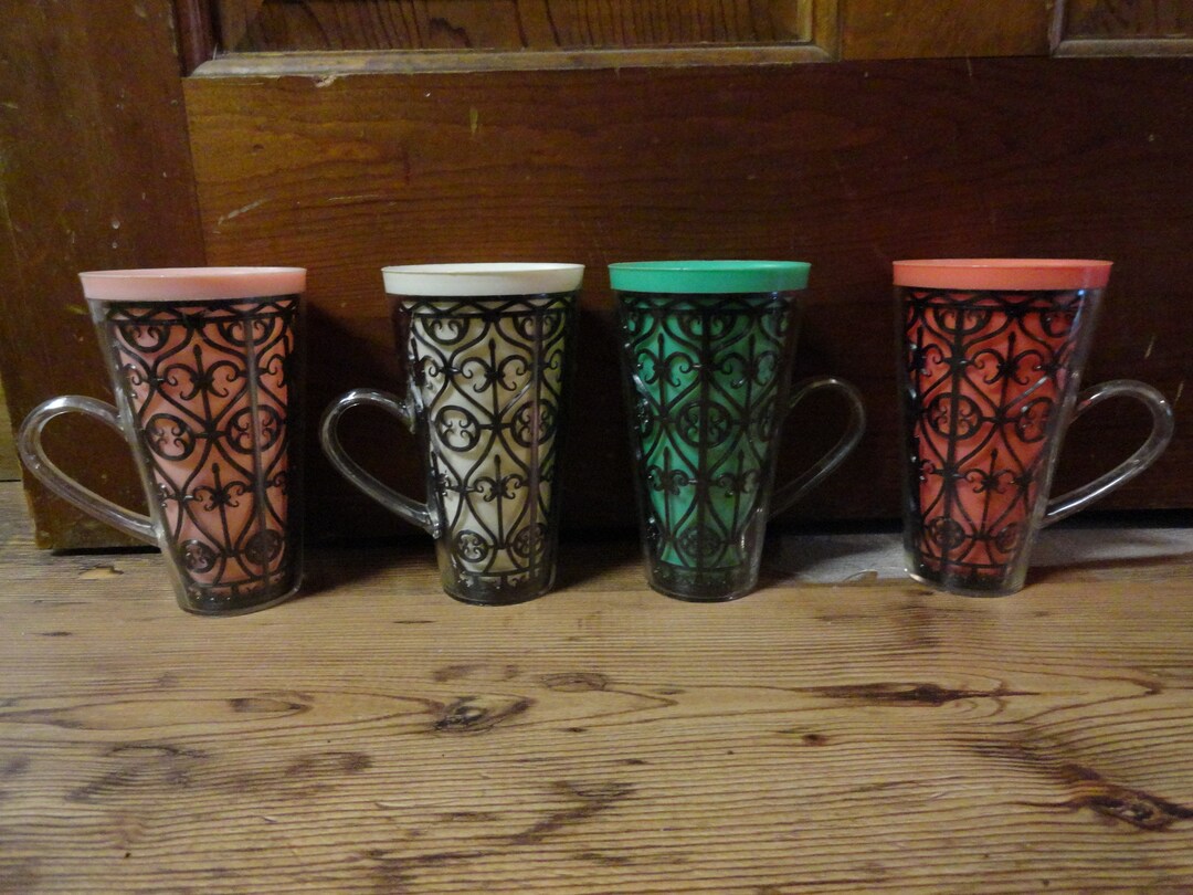 Vintage Plastic Cups With Handles 4 Different Colors Set of 4 Clear ...