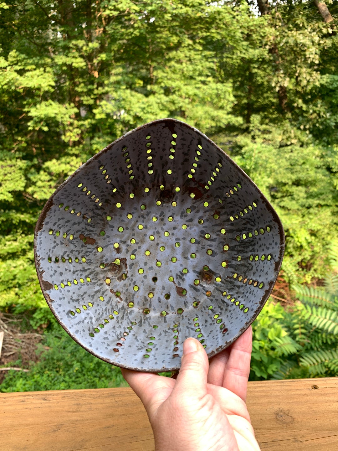 Antique Gray Enamel Colander Corner Strainer Graniteware Grey Metal ...