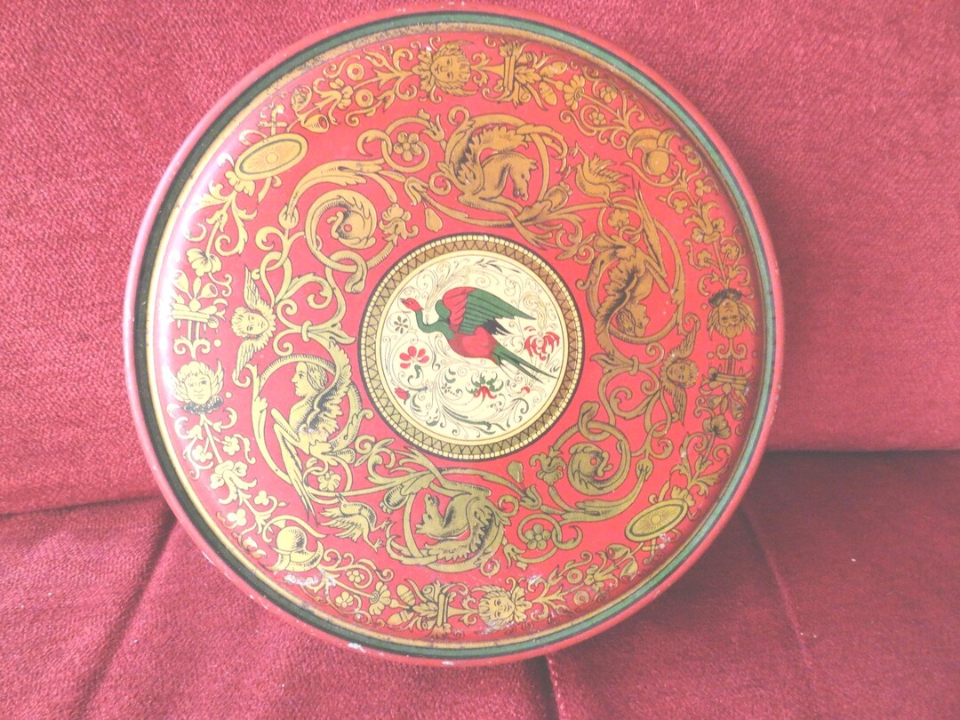 Vintage CANCO Flat Tin Decorative Red Gold & Blue Round Glace Fruit ...