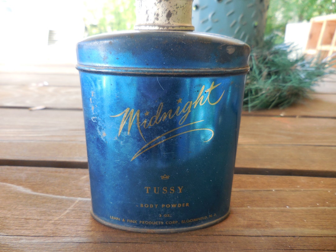 Vintage Blue Midnight Tussy Body Powder Tin Silver and Gold Tone Lenn ...