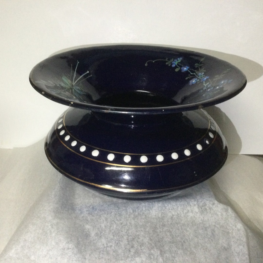 Antique Blue Enamel Spittoon Cuspidor Porcelain Hand Painted Purple ...