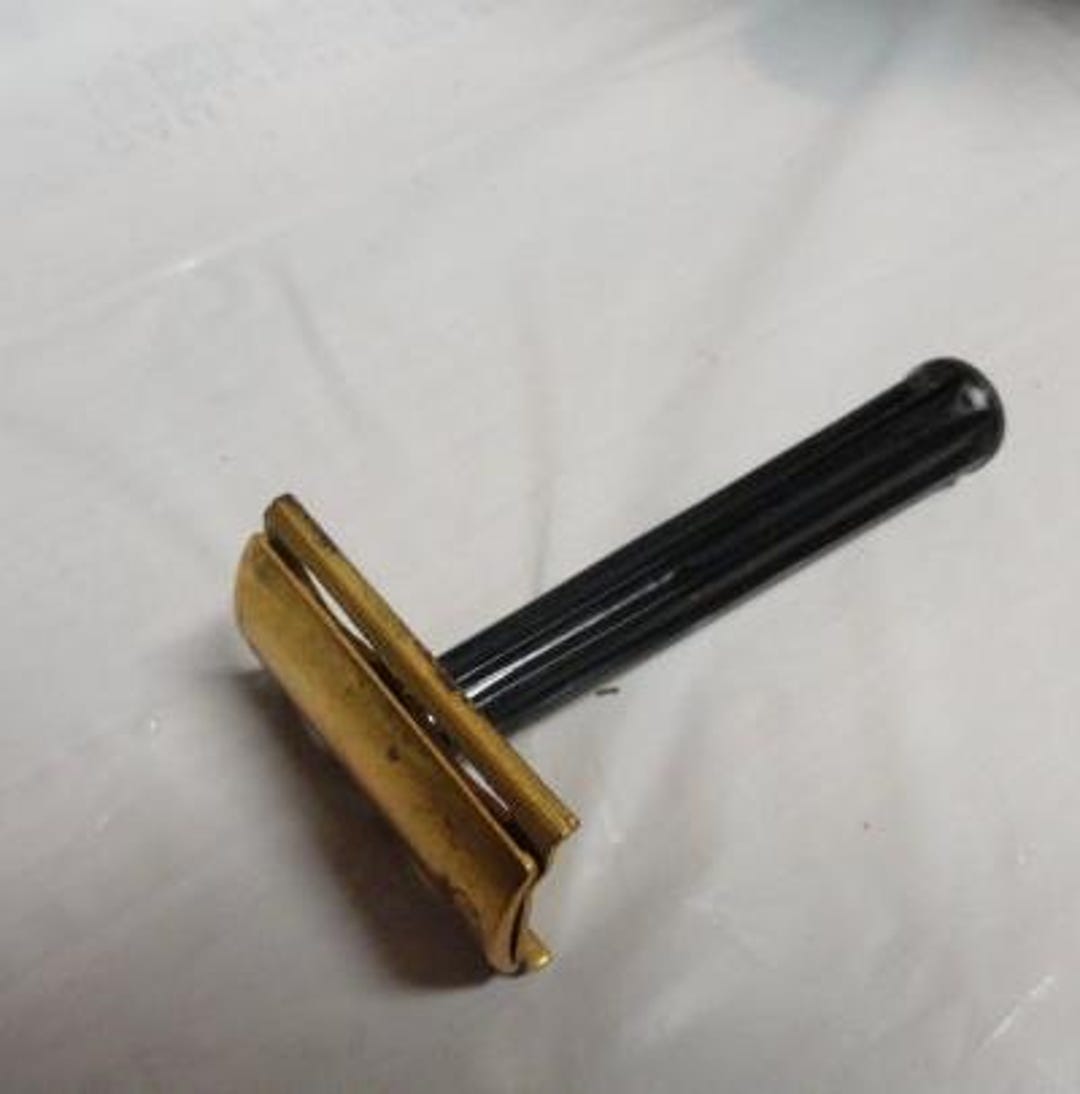 Vintage Gillette Safety Razor Gold Tone & Black Plastic Handle Bathroom ...