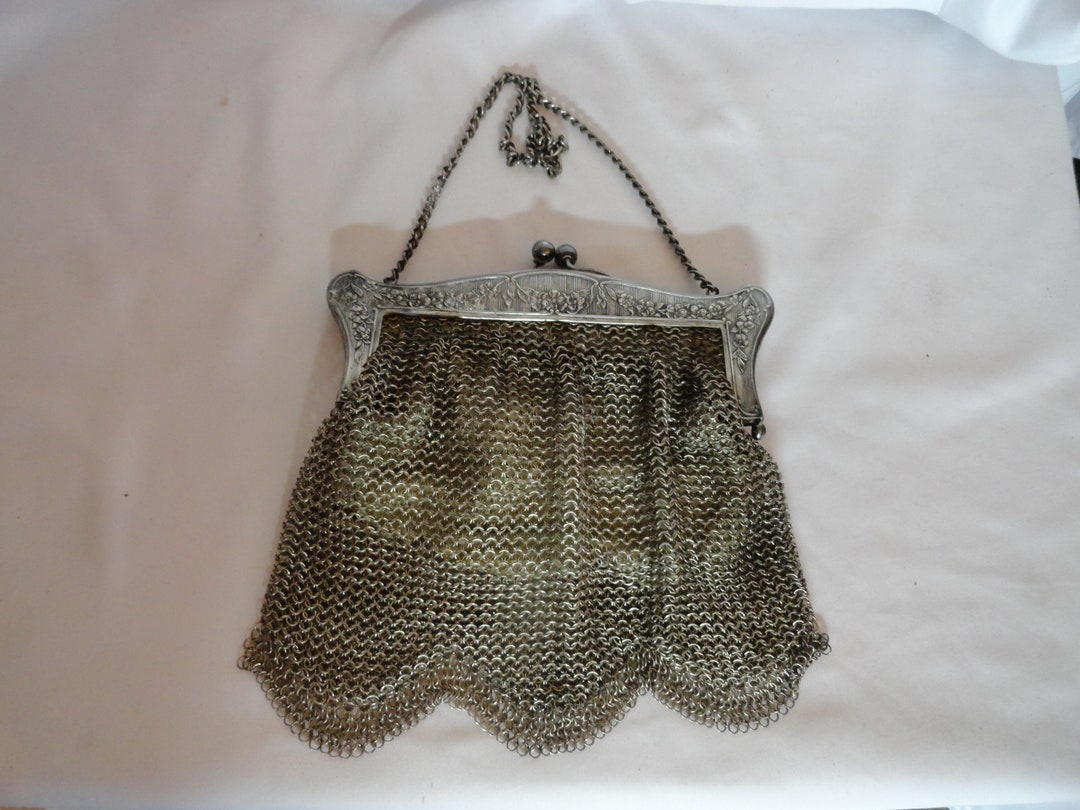 Victorian German Silver Chain Link Purse Embossed Frame Leather ...