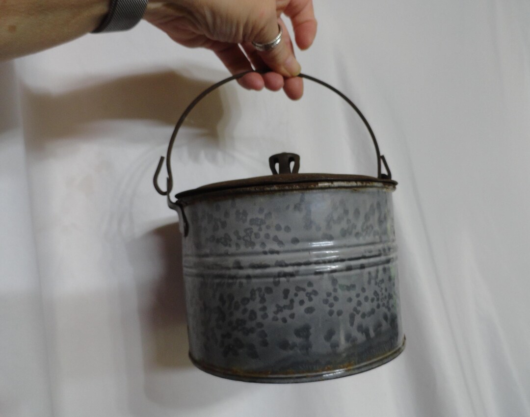 Vintage Gray Enamel Berry Bucket Lunch Pail Metal Display Enamelware - Etsy