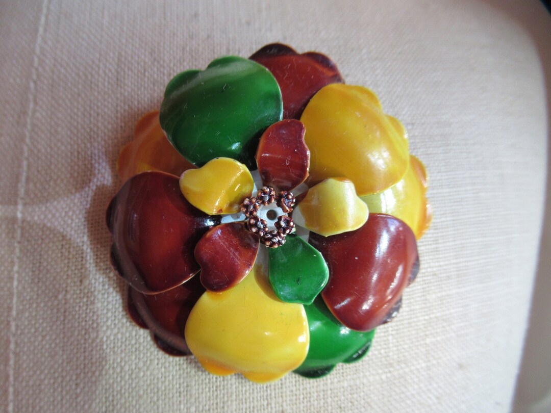 Vintage Enamel Flower Pin Large Tricolor Brooch Brown Green 1960s 1970s ...